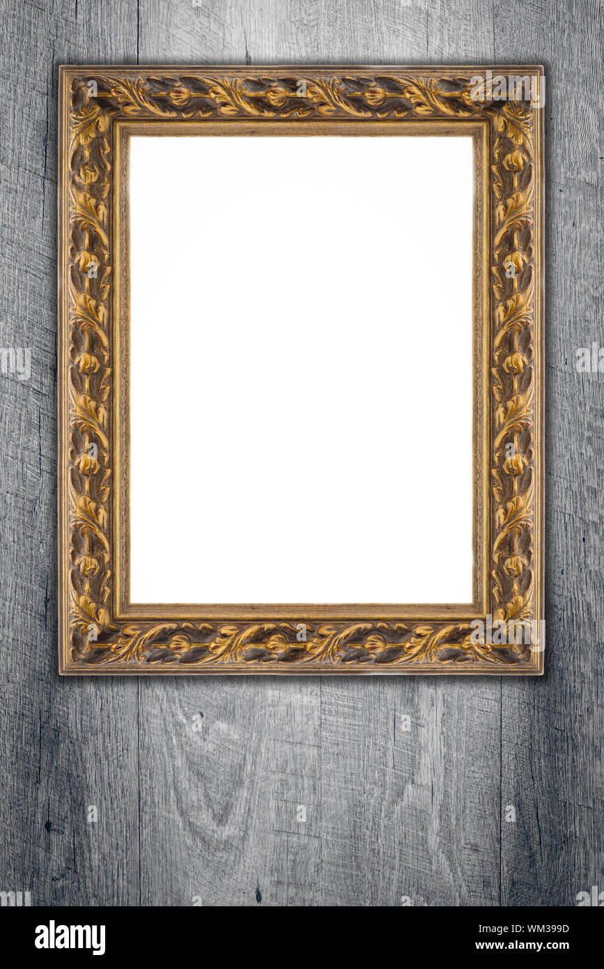 Old picture frame on vintage wood wall Stock Photo - Alamy