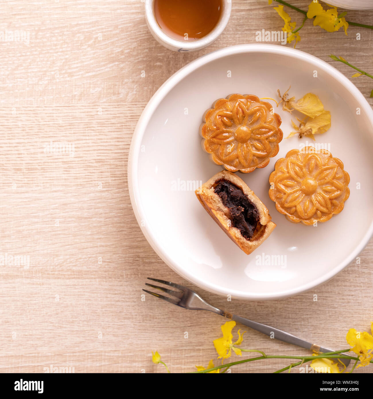 Mid-Autumn Festival holiday concept design of moon cake, mooncakes, tea ...