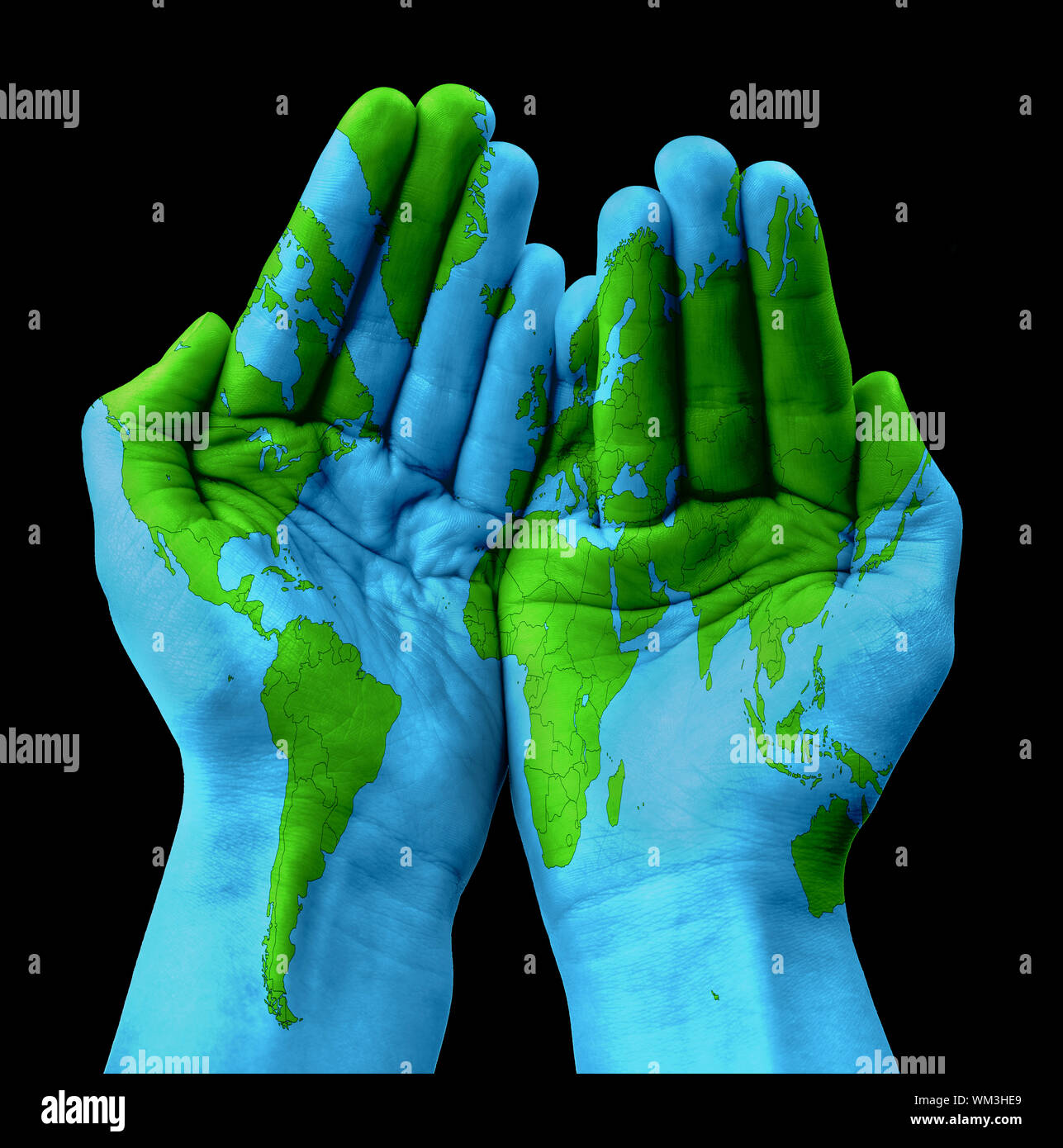 World map painted on human hands. Isolated on black background Stock ...