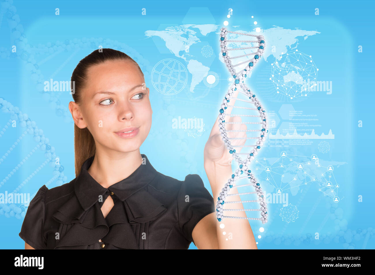 Beautiful businesswoman in dress smiling and presses finger on model of ...