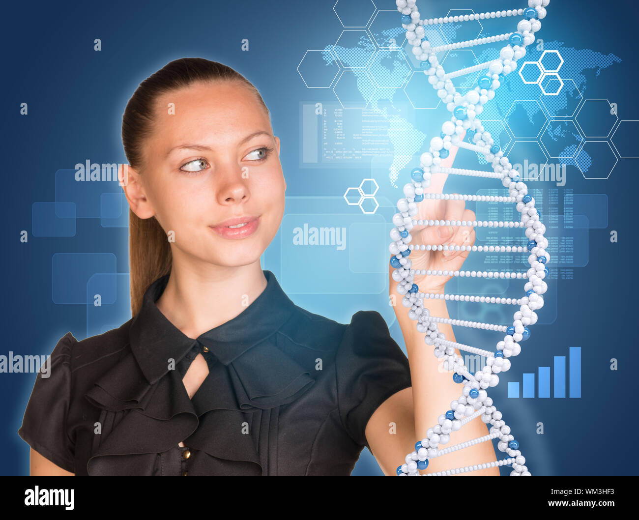Beautiful woman in dress pointing finger on DNA model. Virtual elements ...