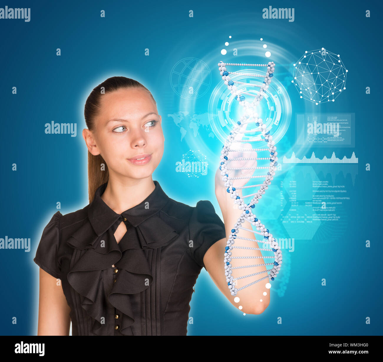 Beautiful young girl with big eyes smiling and presses finger on model ...