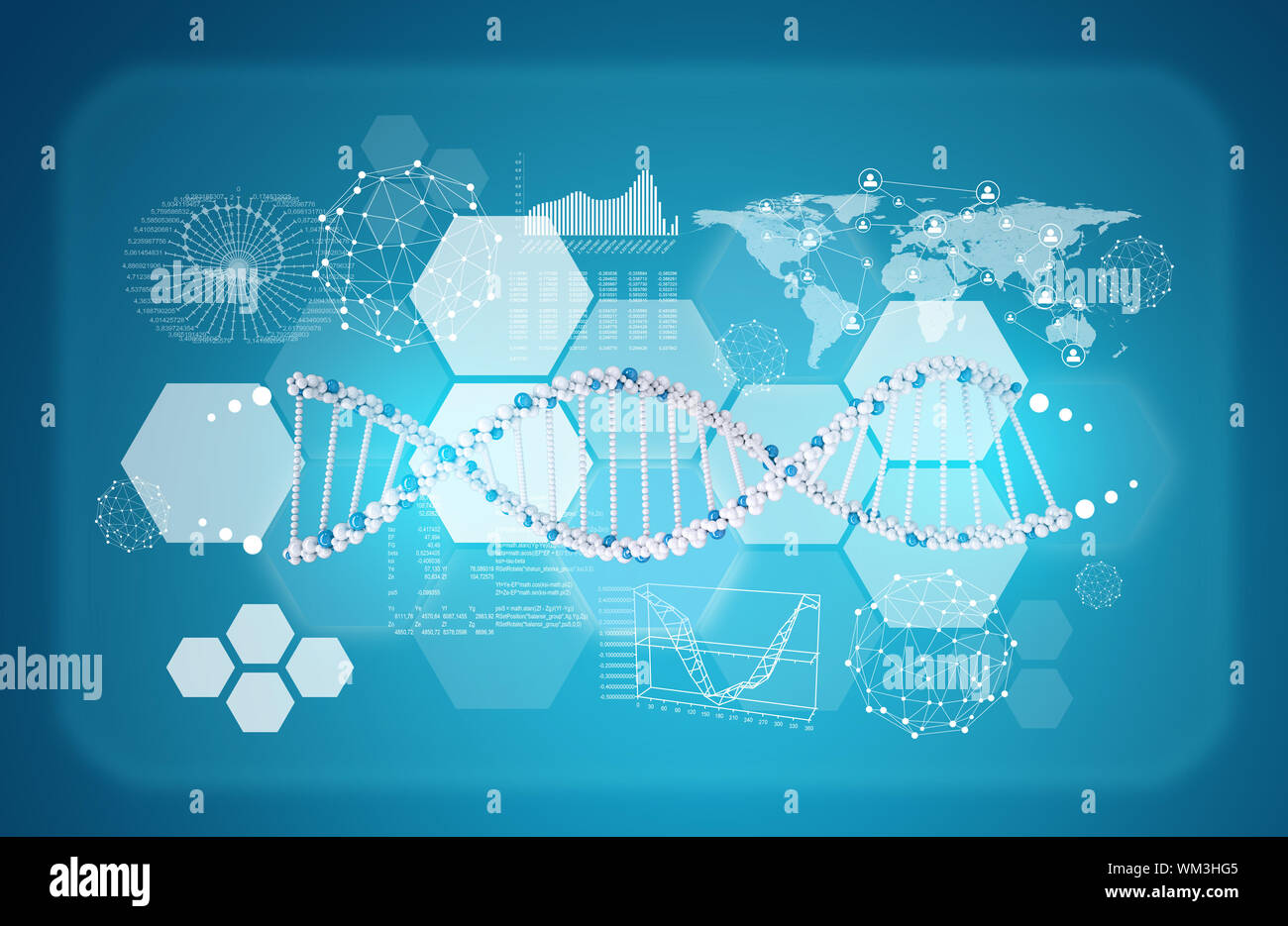 Model of DNA with hexagons, graphs and world map. Scientific and ...