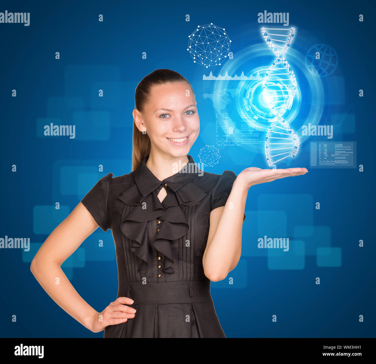 Beautiful businesswoman in dress smiling and holding model of DNA ...