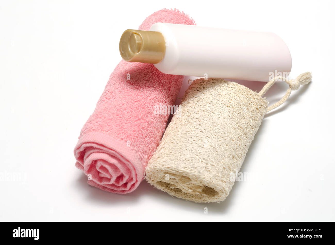 liquid soap loofah and towel Stock Photo - Alamy