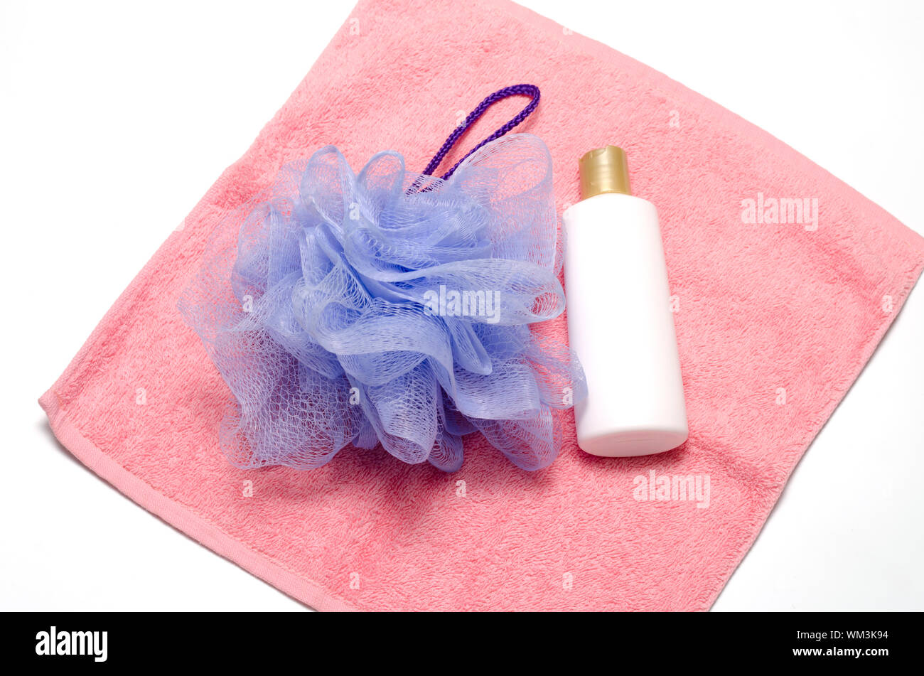 bath puff liquid soap and towel Stock Photo - Alamy
