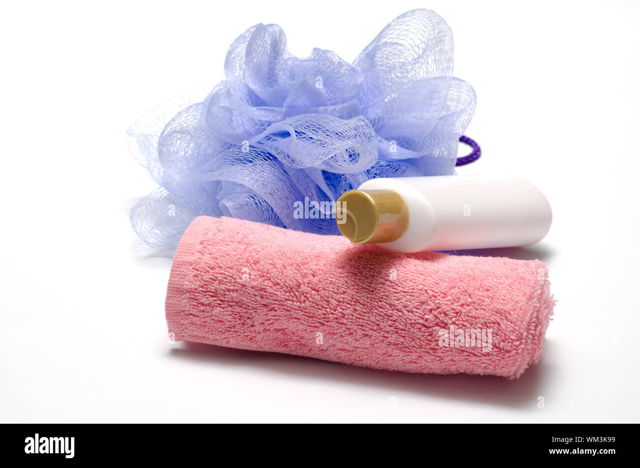 bath puff liquid soap and towel Stock Photo - Alamy