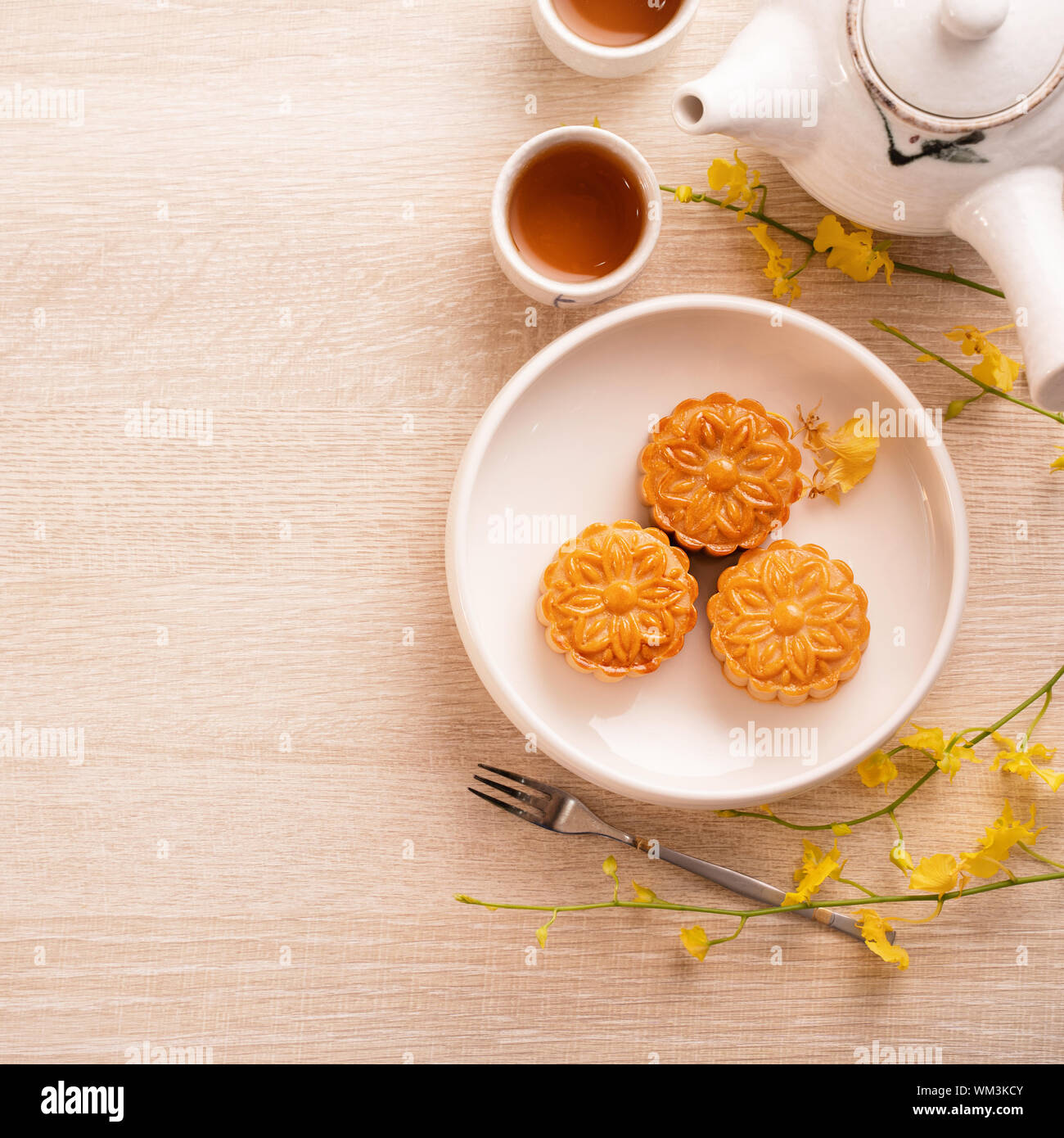 Mid-Autumn Festival holiday concept design of moon cake, mooncakes, tea ...