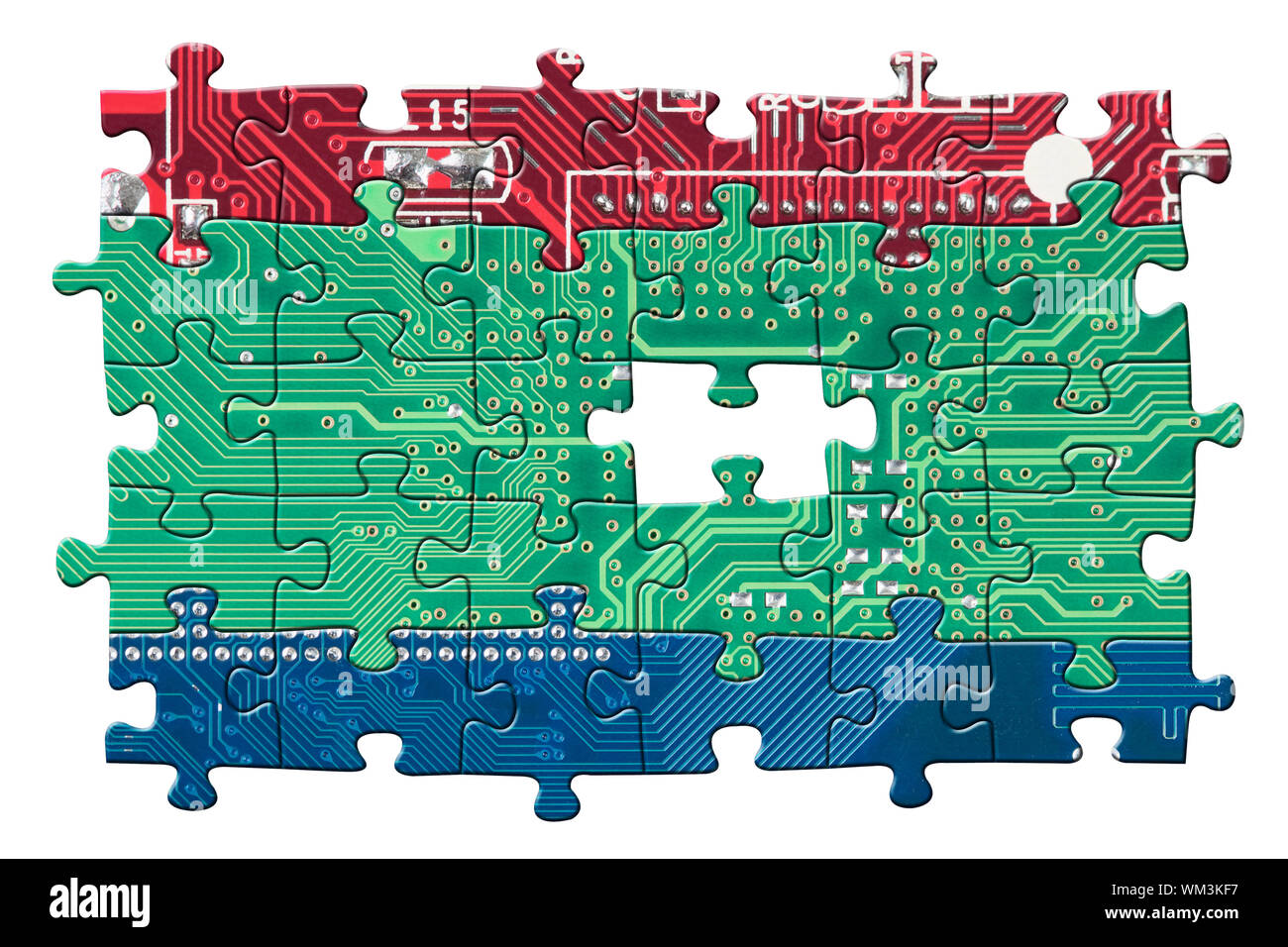 Color electronic circuit board puzzle isolated on white background ...