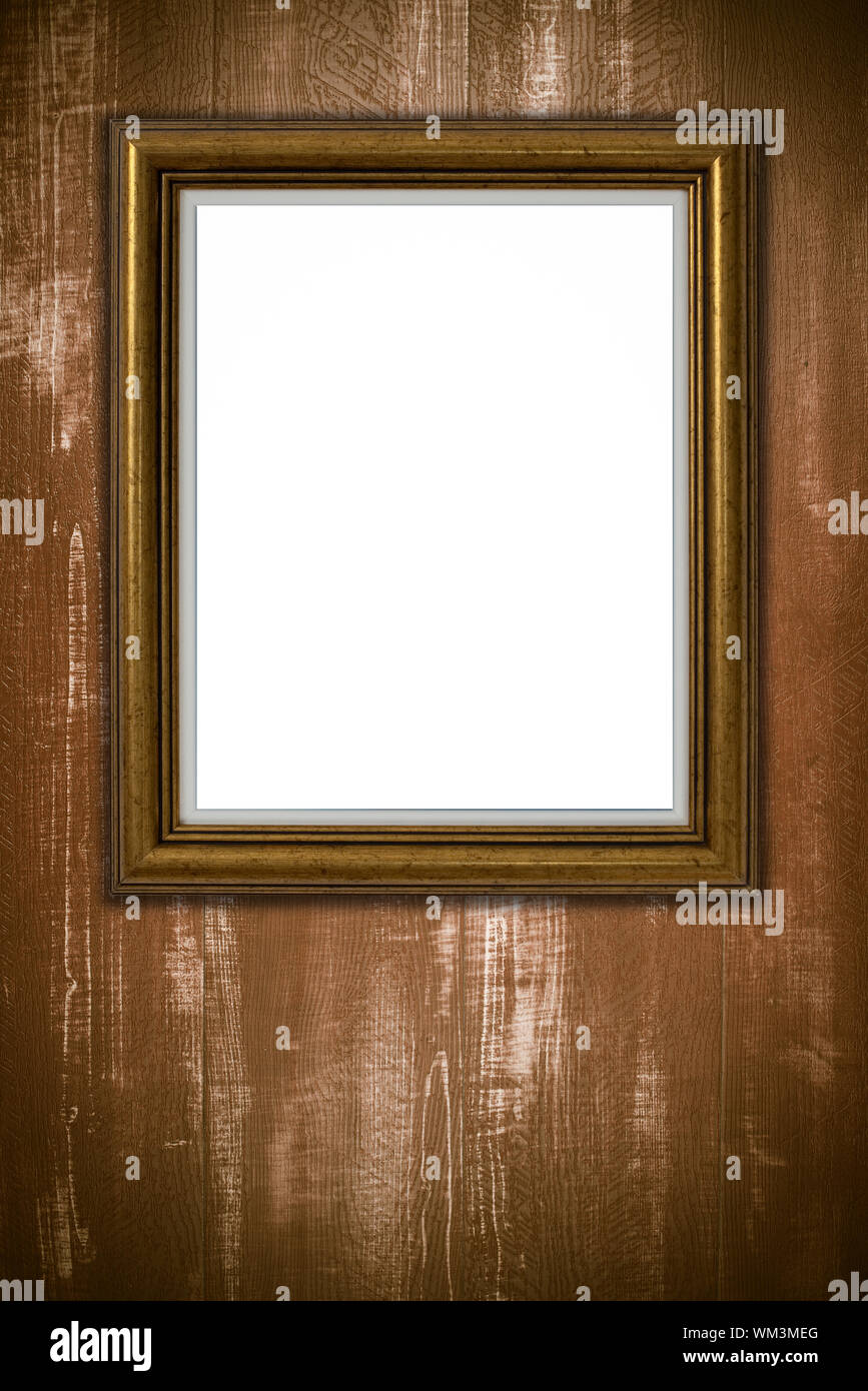 Old picture frame on vintage wood wall Stock Photo - Alamy