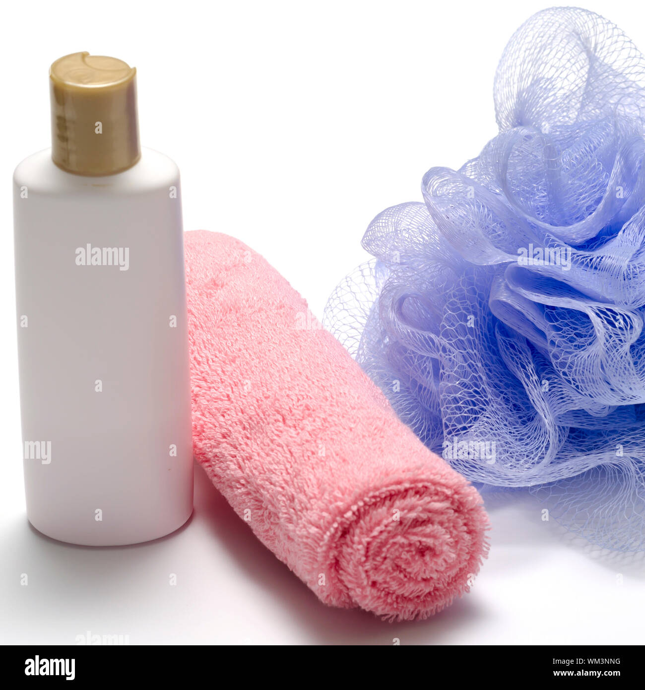 bath puff liquid soap and towel Stock Photo - Alamy
