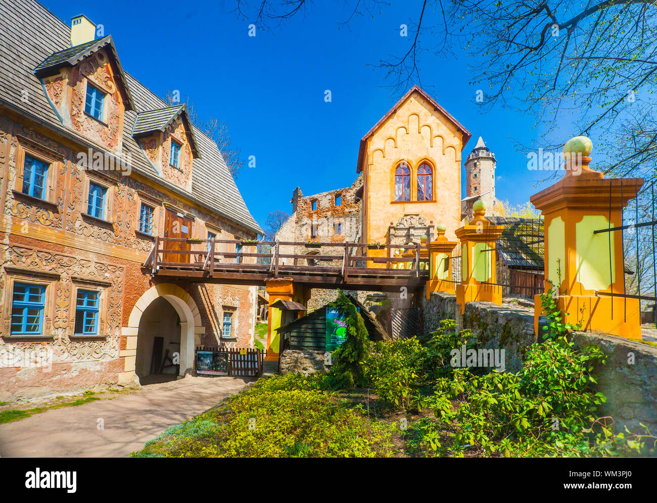 Courtyard of Grodno Castle in Lower Silesia. Renaissance facade with ...