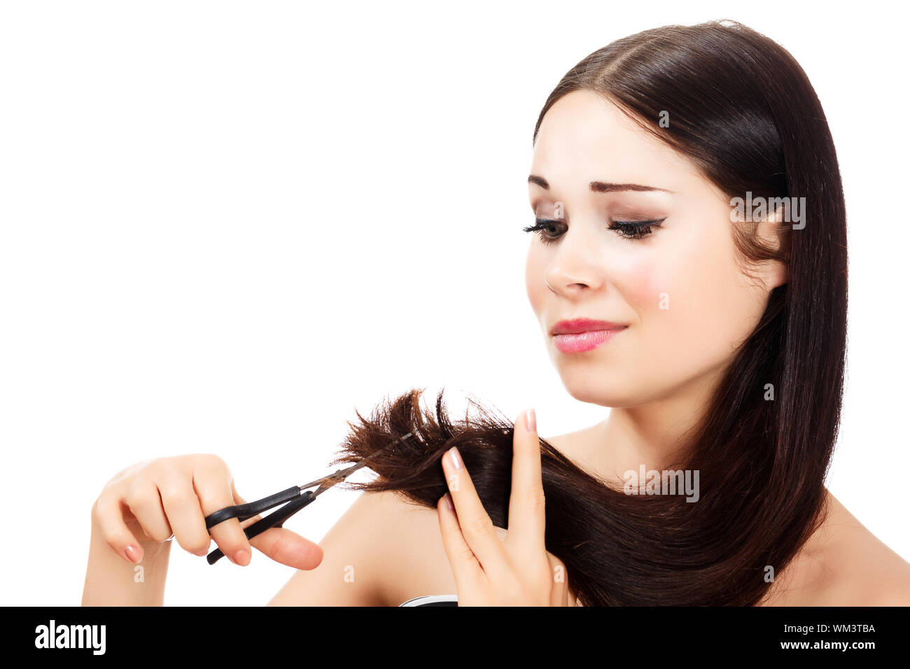 woman is not happy with her fragile hair, white background, copyspace ...