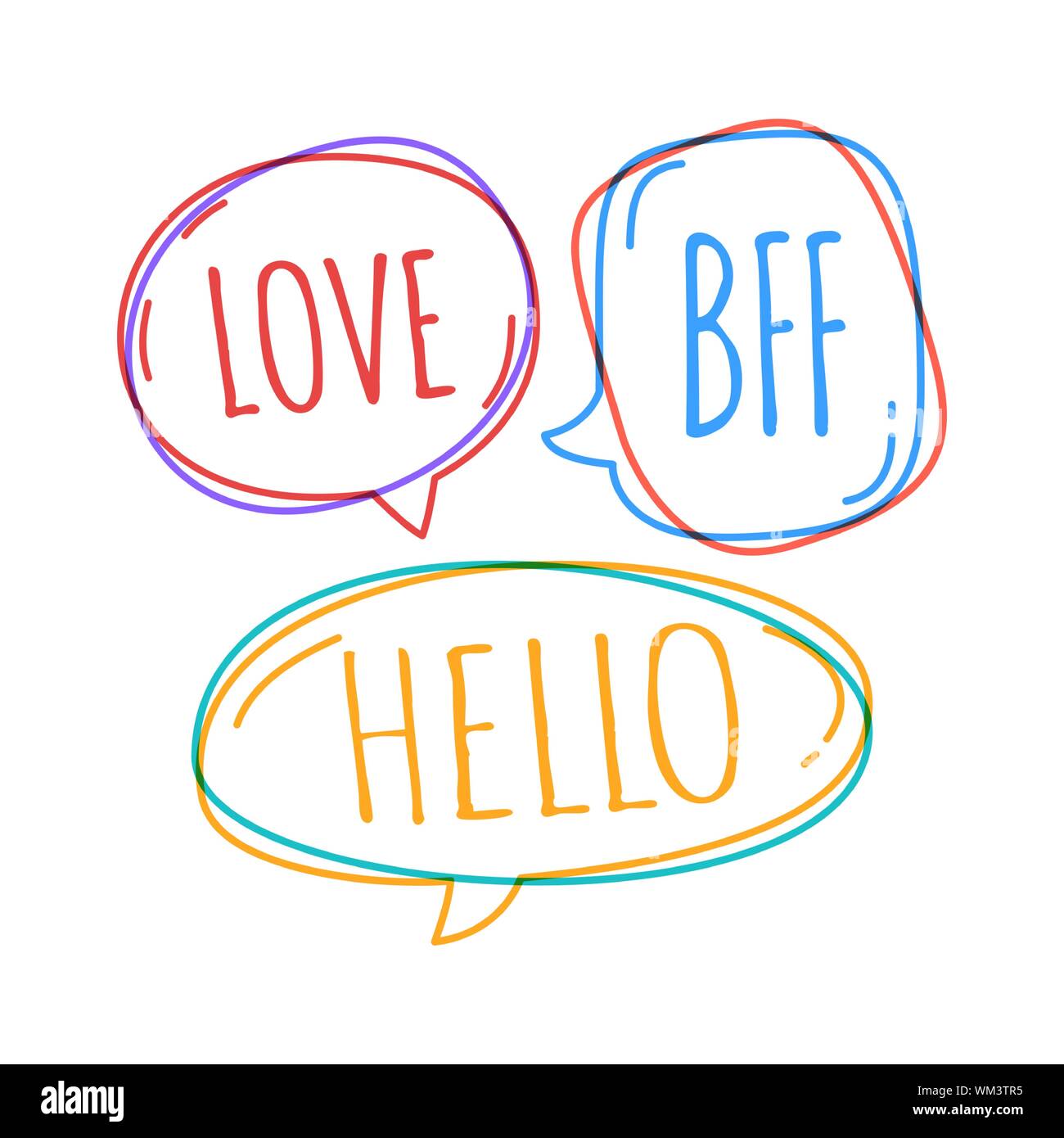 Set of different speech bubble in doodle style with text love, bff ...