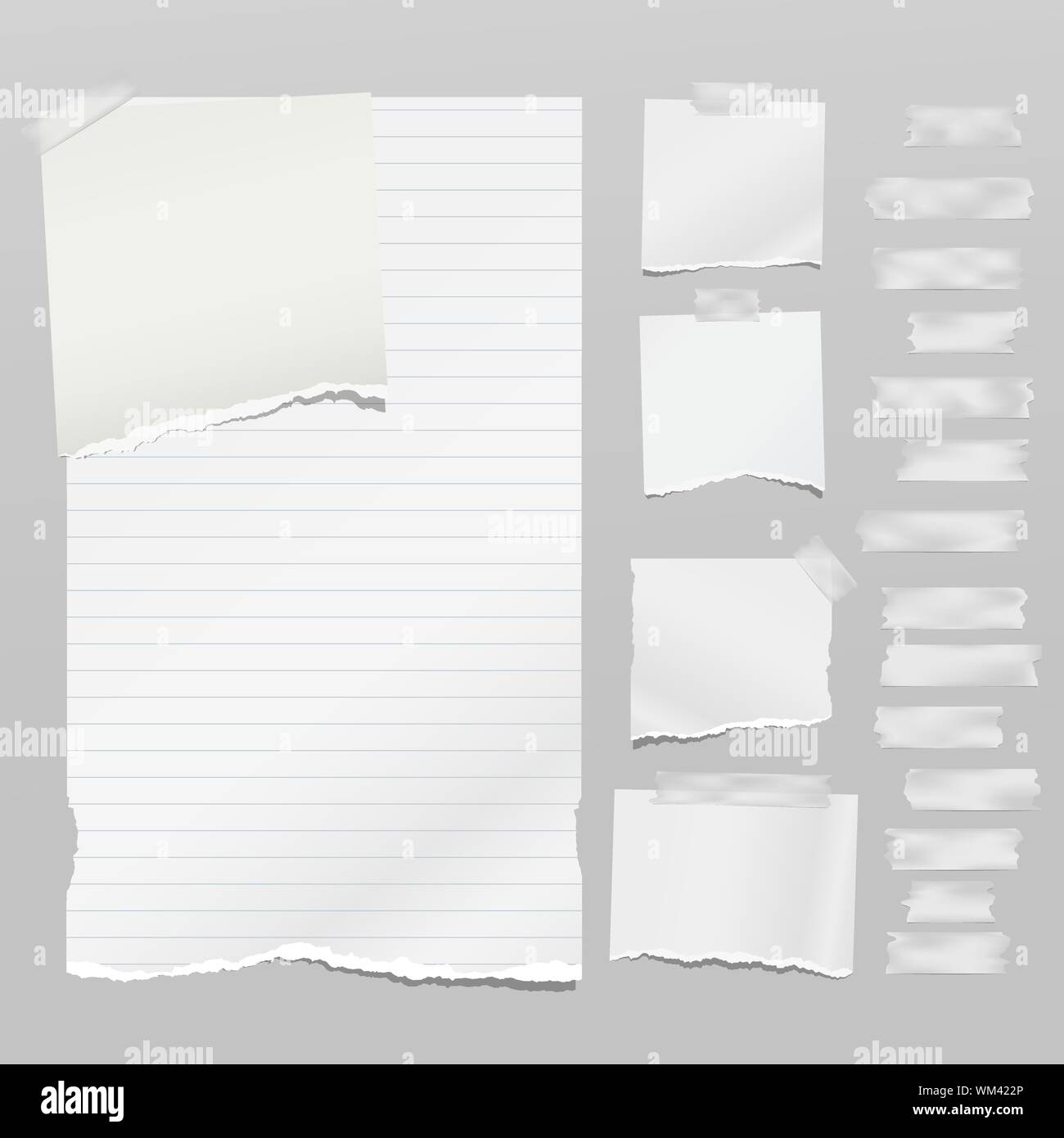 Set of torn white note, notebook paper pieces with sticky tape stuck on ...