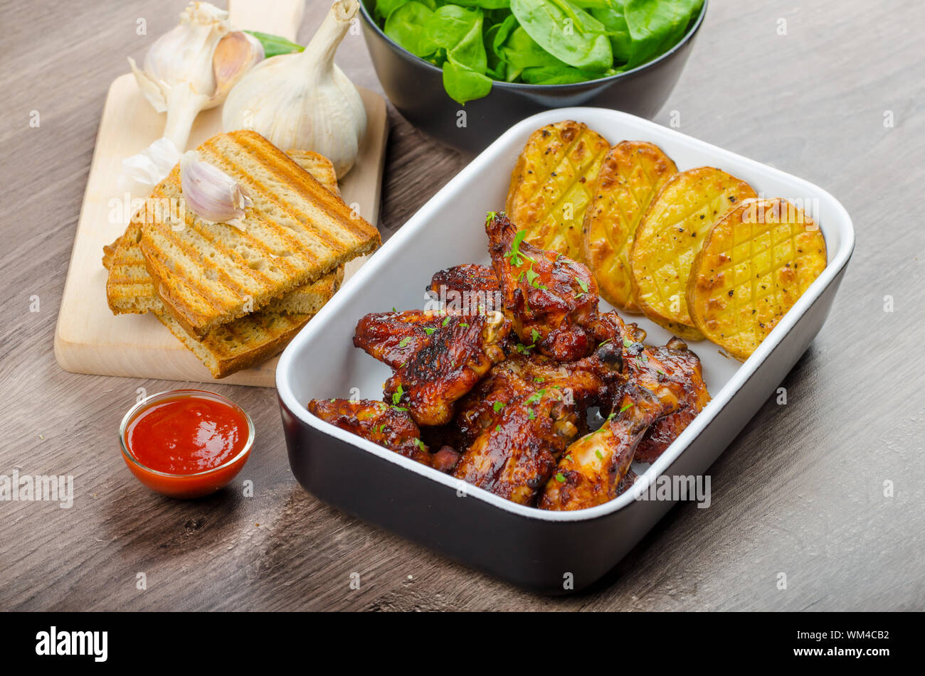 Sticky chicken wings with garlic bread panini, rustic spicy potatoes ...