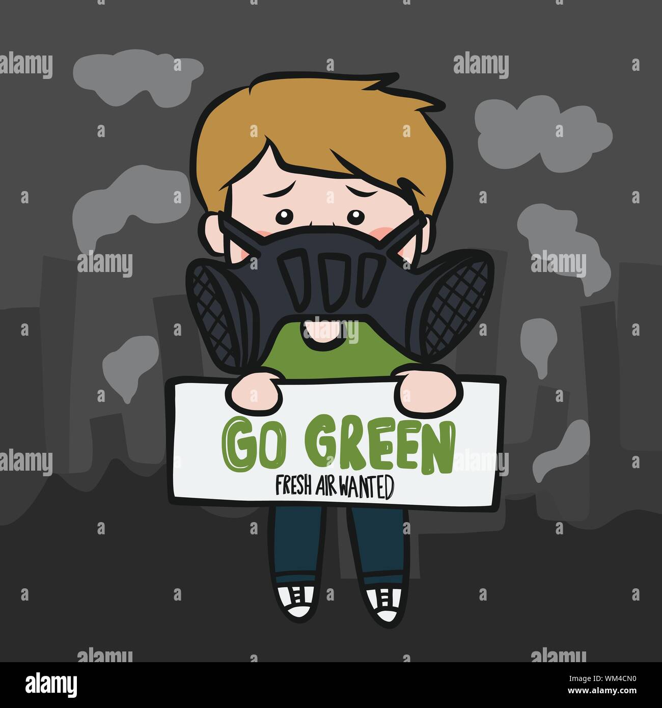 Go green fresh air wanted man wear anti-pollution mask cartoon vector ...