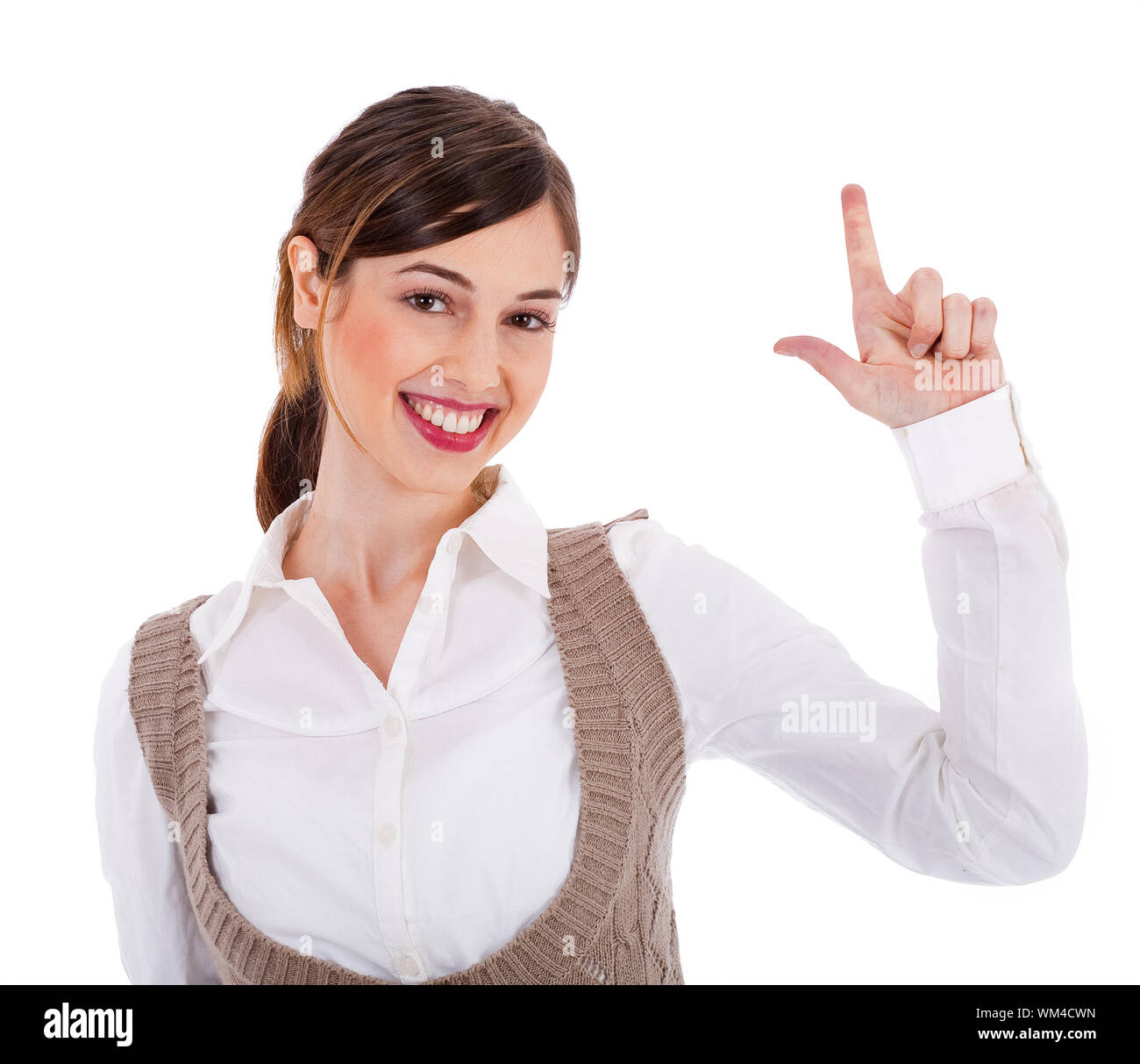 Beautiful young model raising her hand up and showing two fingers on a ...