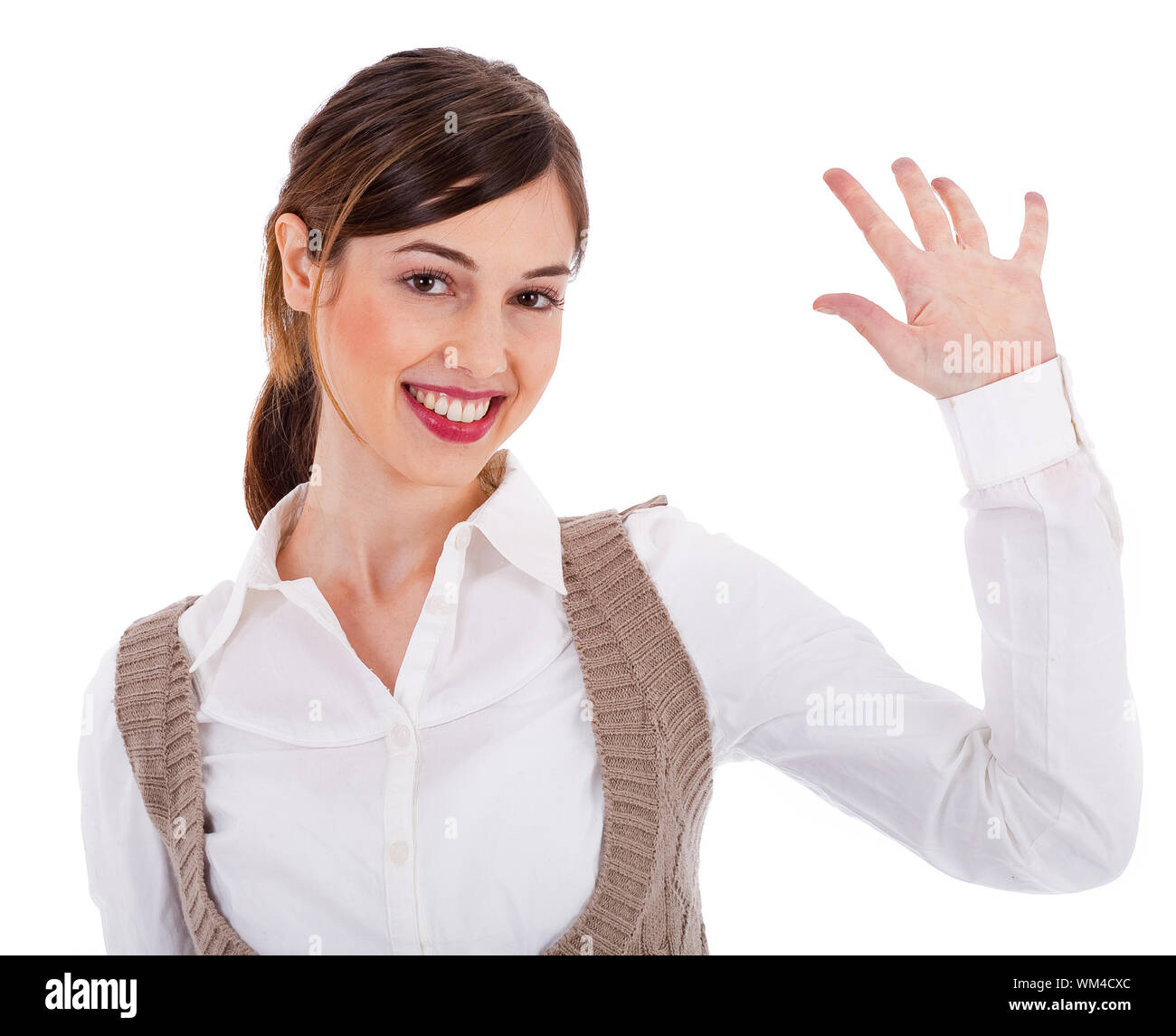 Beautiful young model raising her open hand up on a white isolated ...