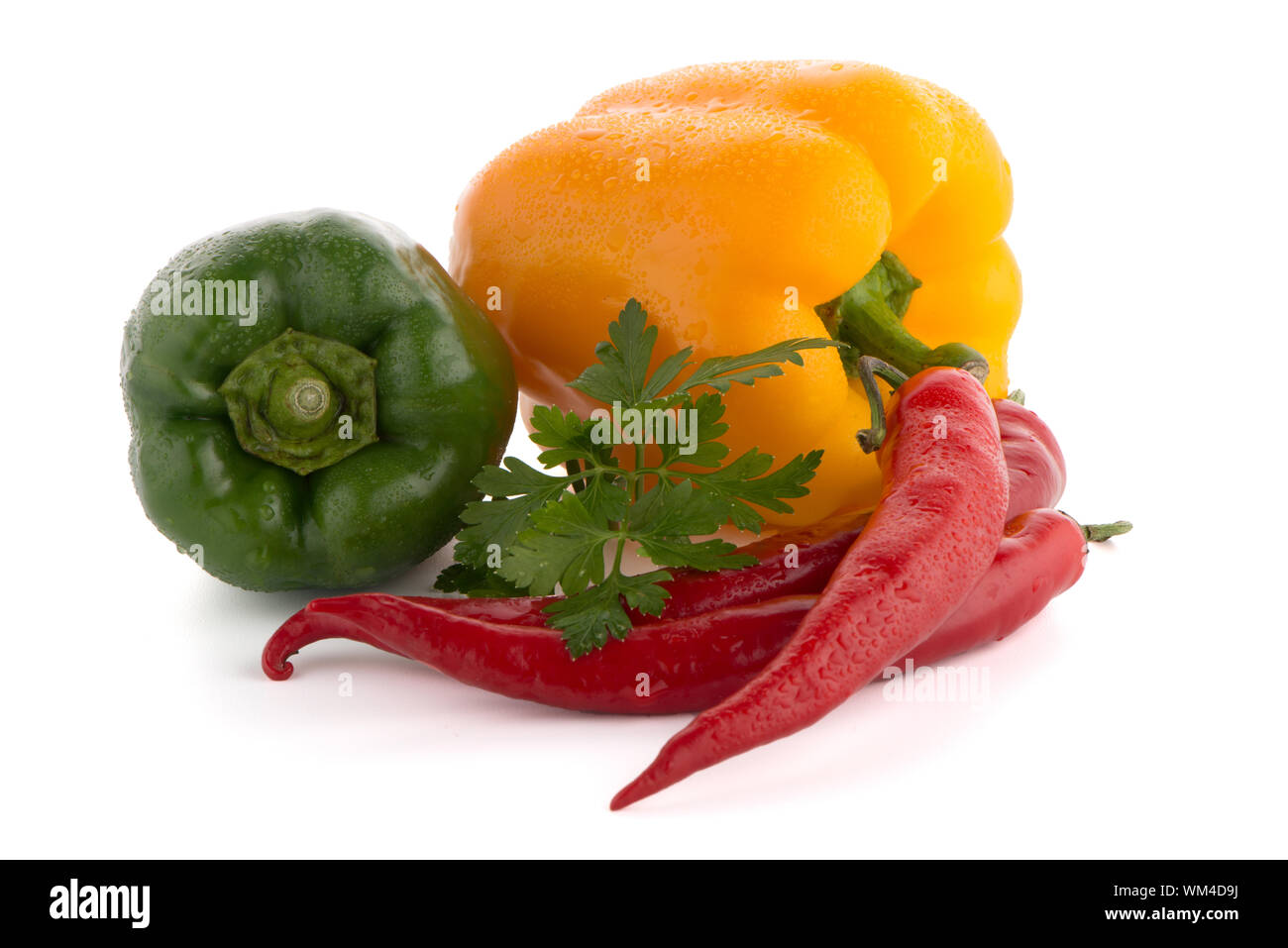 Mediterranean vegetables with red chilli peppers, parsley and bell ...
