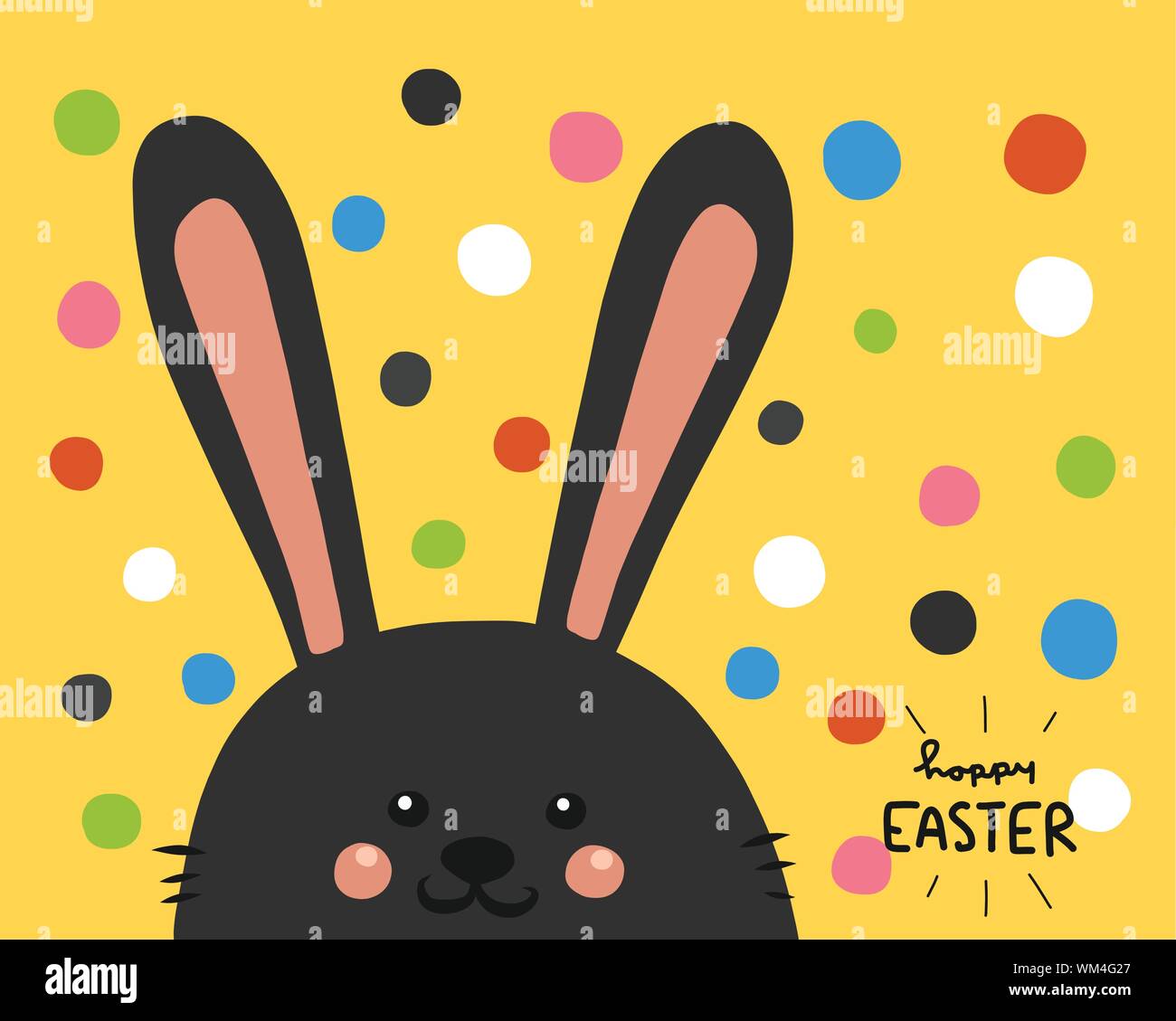 Happy Easter black rabbit on colorful polka dot on yellow background ...