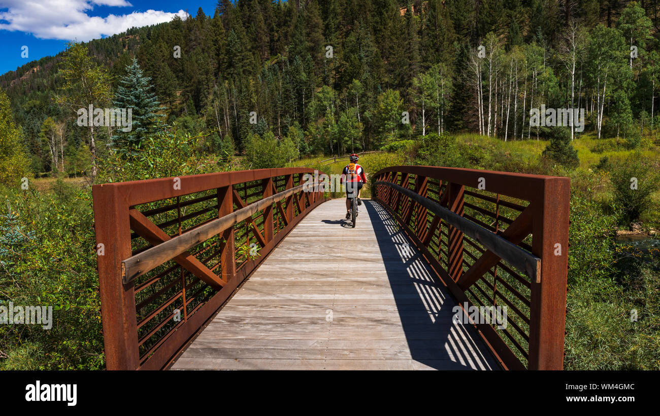 Mountain biker crossing a bridge on the Galloping Goose Trail ...