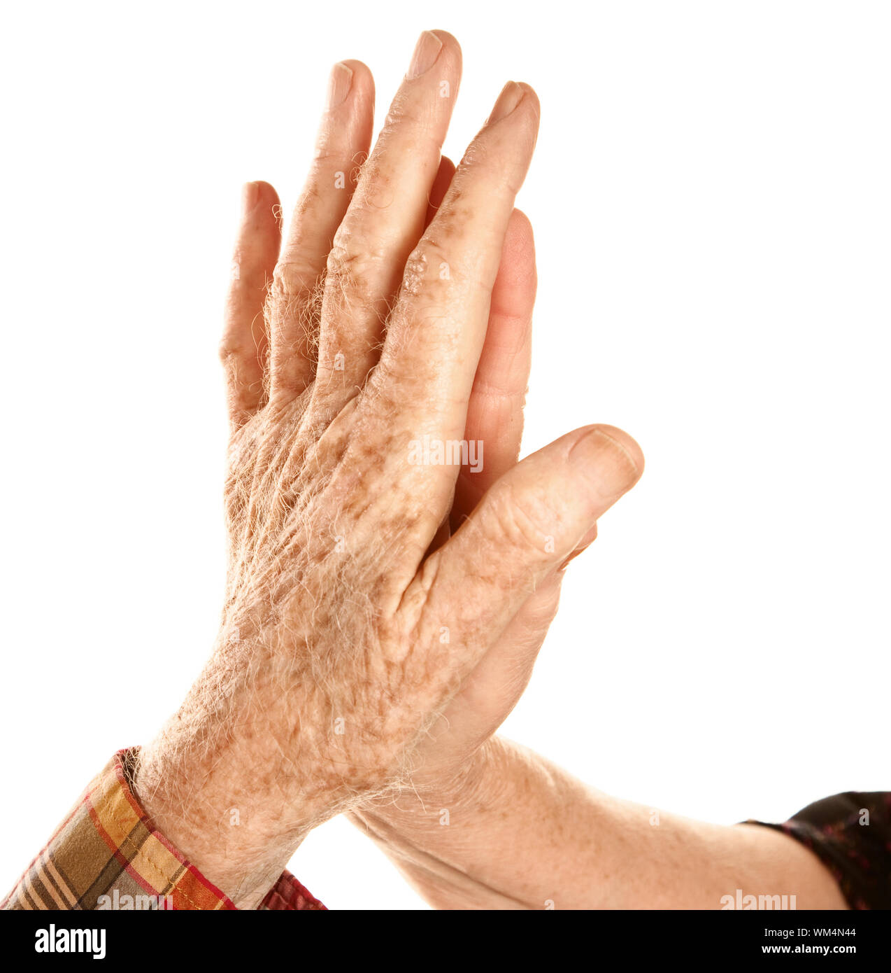 male and female senior hands together on white background Stock Photo ...