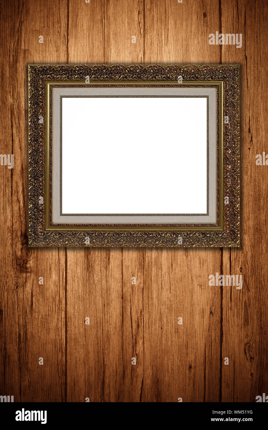 Old picture frame on vintage wood wall Stock Photo - Alamy