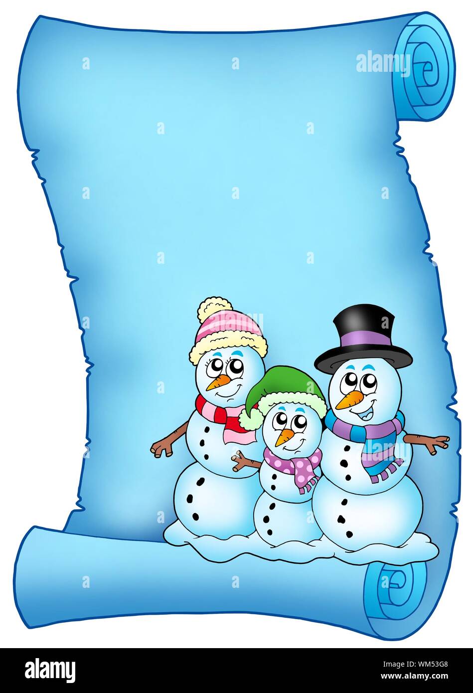 Blue parchment with snowman family - color illustration Stock Photo - Alamy
