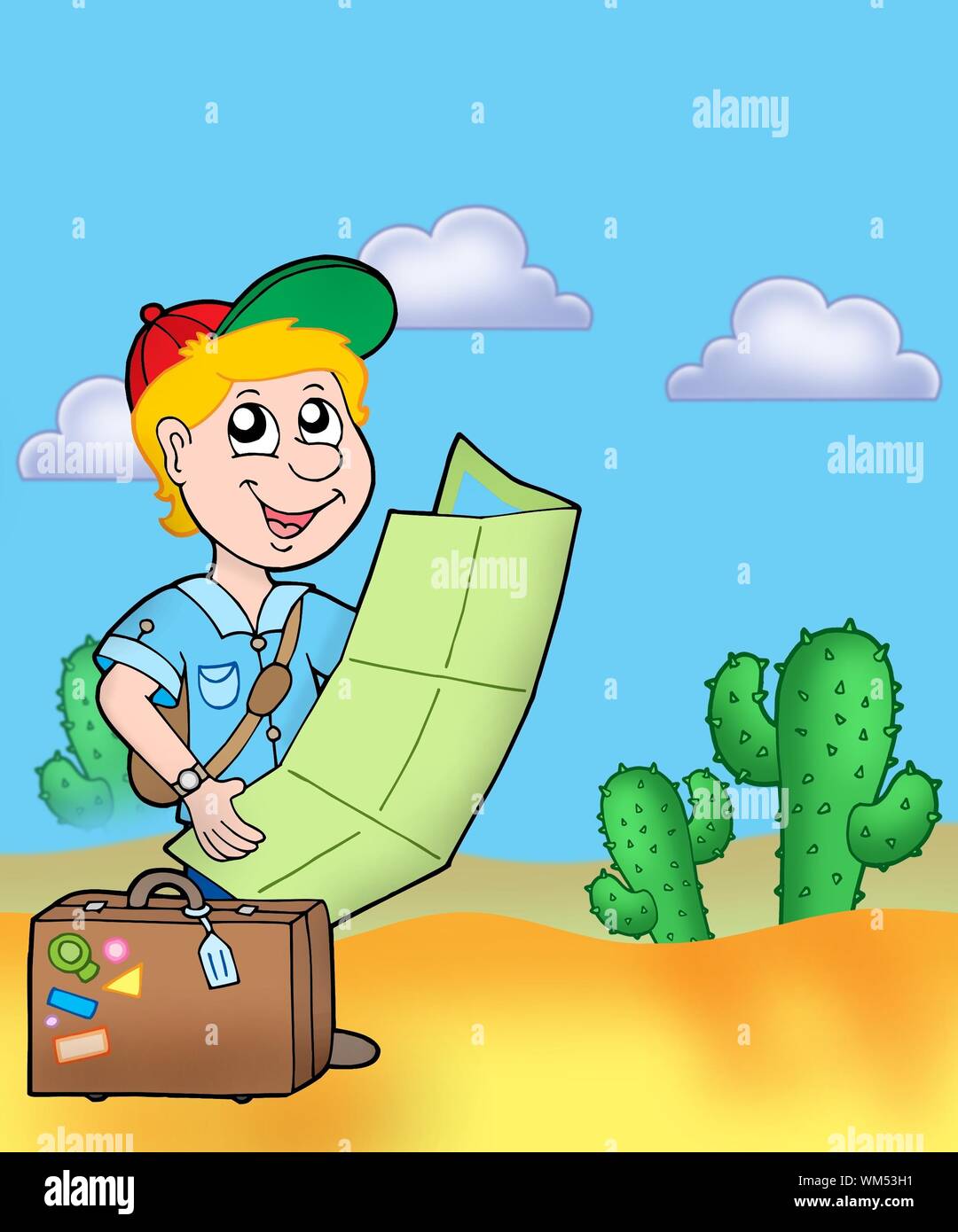 Boy with map outdoor - color illustration Stock Photo - Alamy