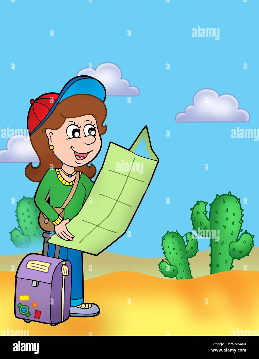 Girl with map outdoor - color illustration Stock Photo - Alamy