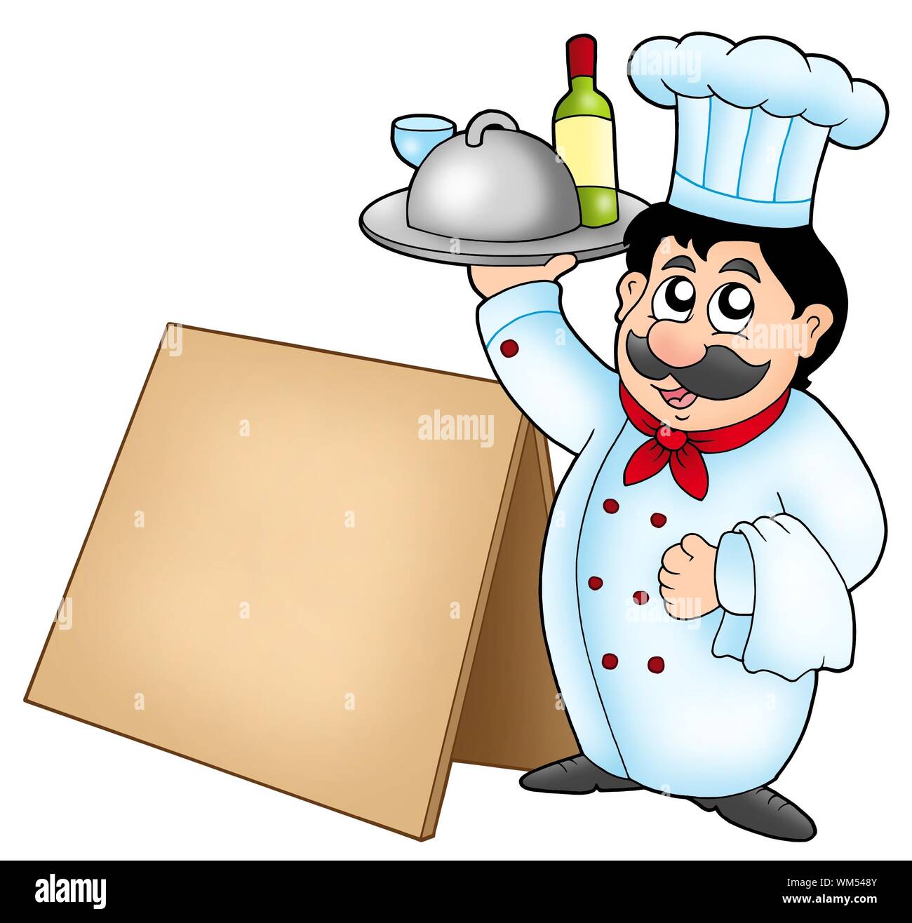 Chef holding meal with wooden table - color illustration Stock Photo ...