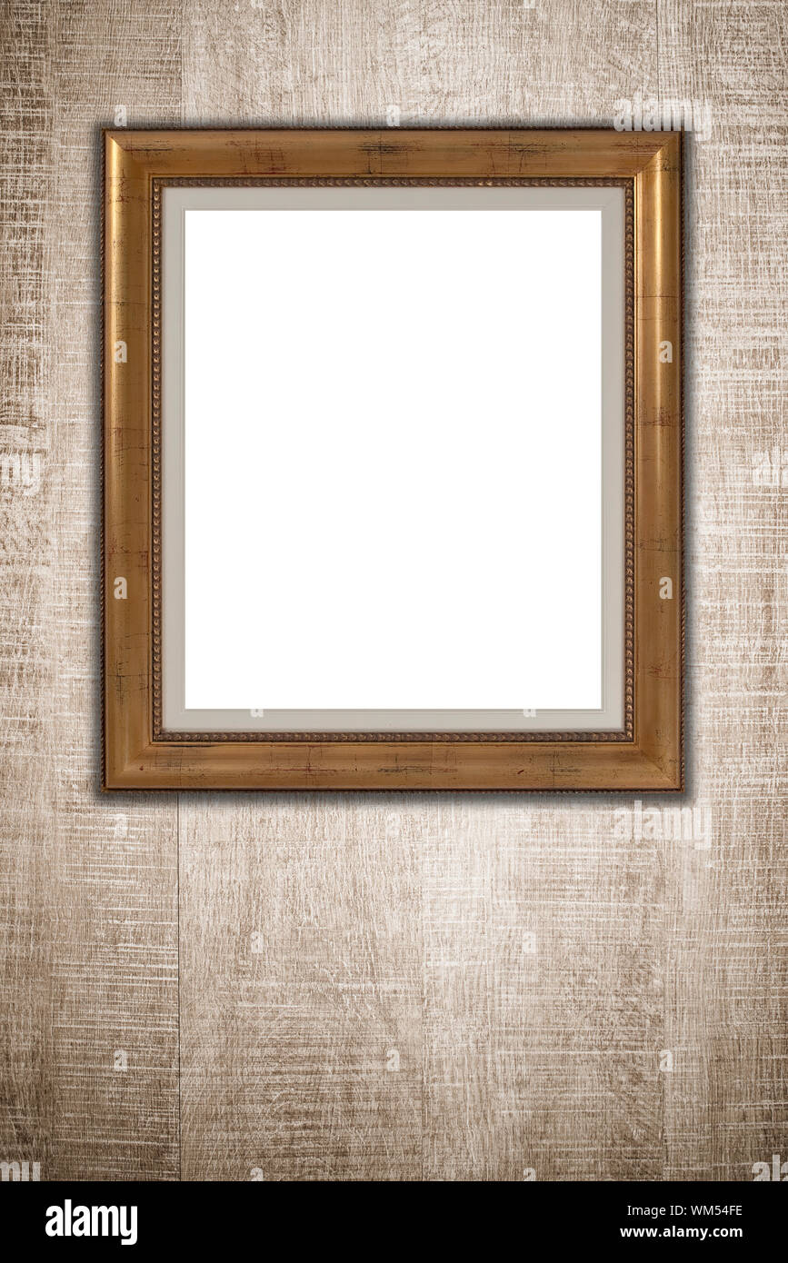 Old picture frame on vintage wood wall Stock Photo - Alamy