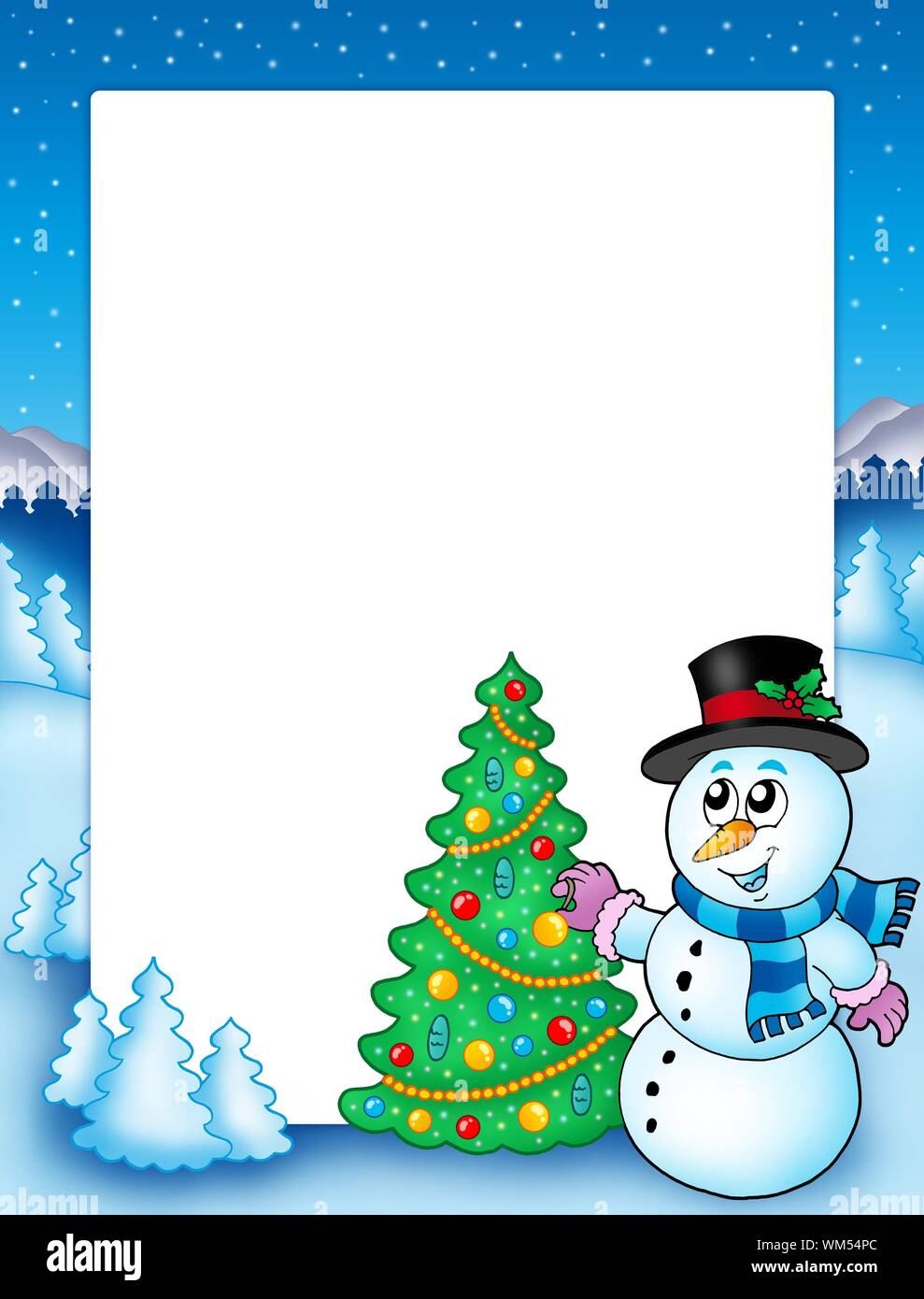 Winter frame with snowman and tree - color illustration Stock Photo - Alamy