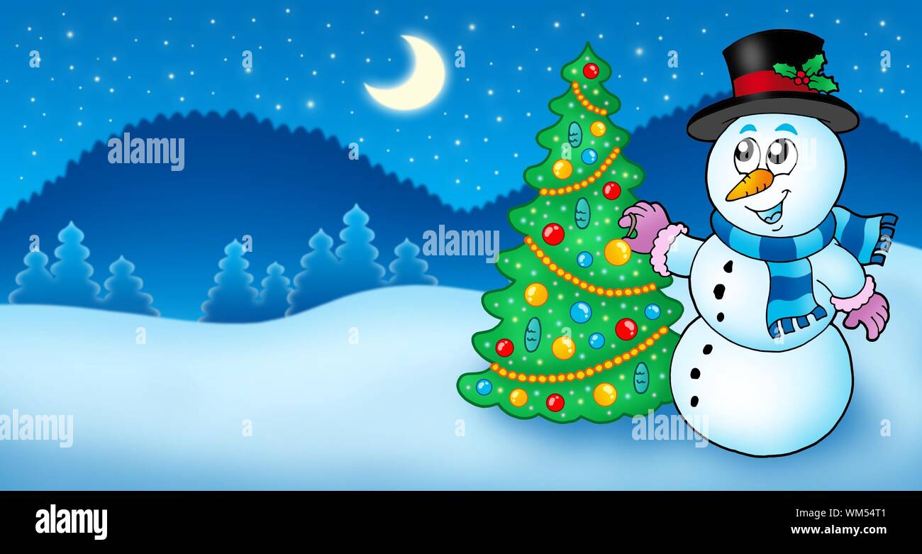 Winter landscape with snowman and tree - color illustration Stock Photo ...