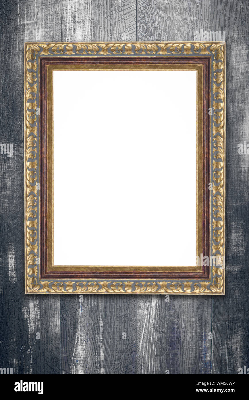 Old picture frame on vintage wood wall Stock Photo - Alamy