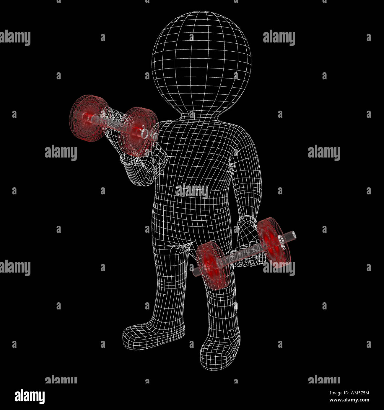 Wire-frame man, white with red matched dumbbells. Isolated on black ...