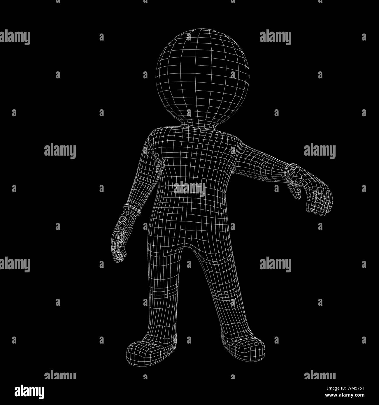 Wire-frame man, with one hand outstretched. Isolated on black ...