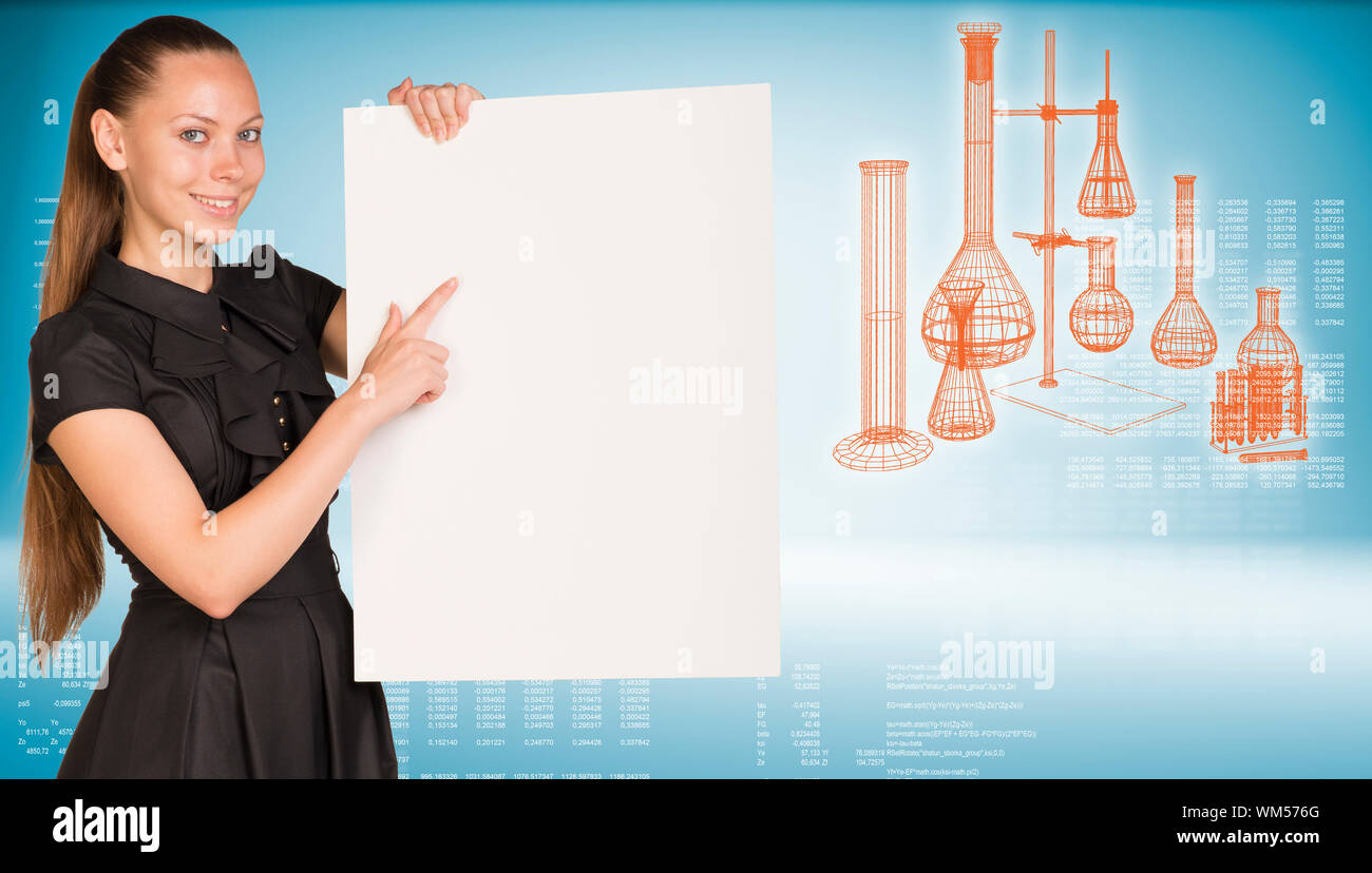Beautiful businesswoman smiling and holding empty paper sheet ...