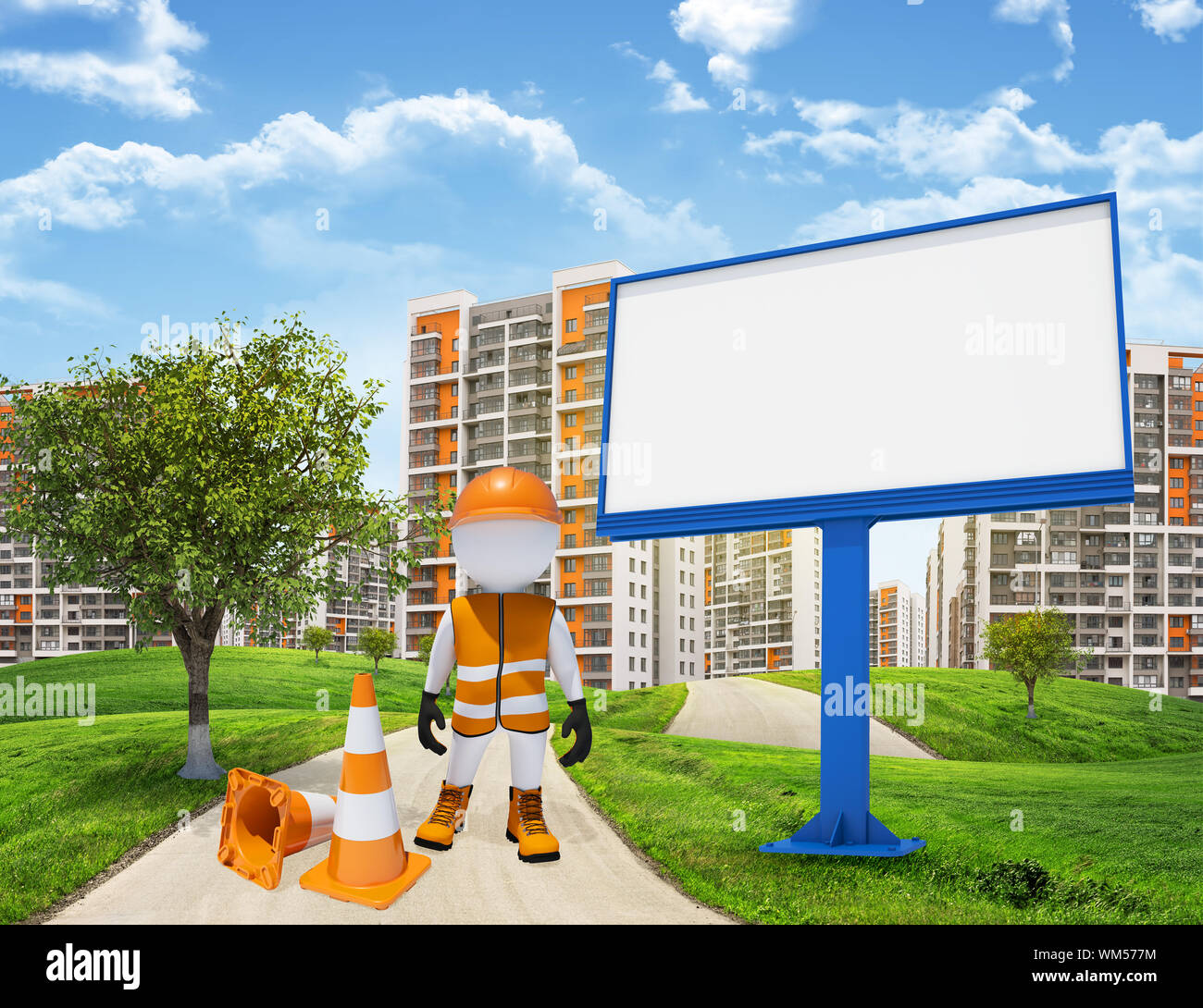 Three-dimensional man dressed as a road worker standing on road running ...