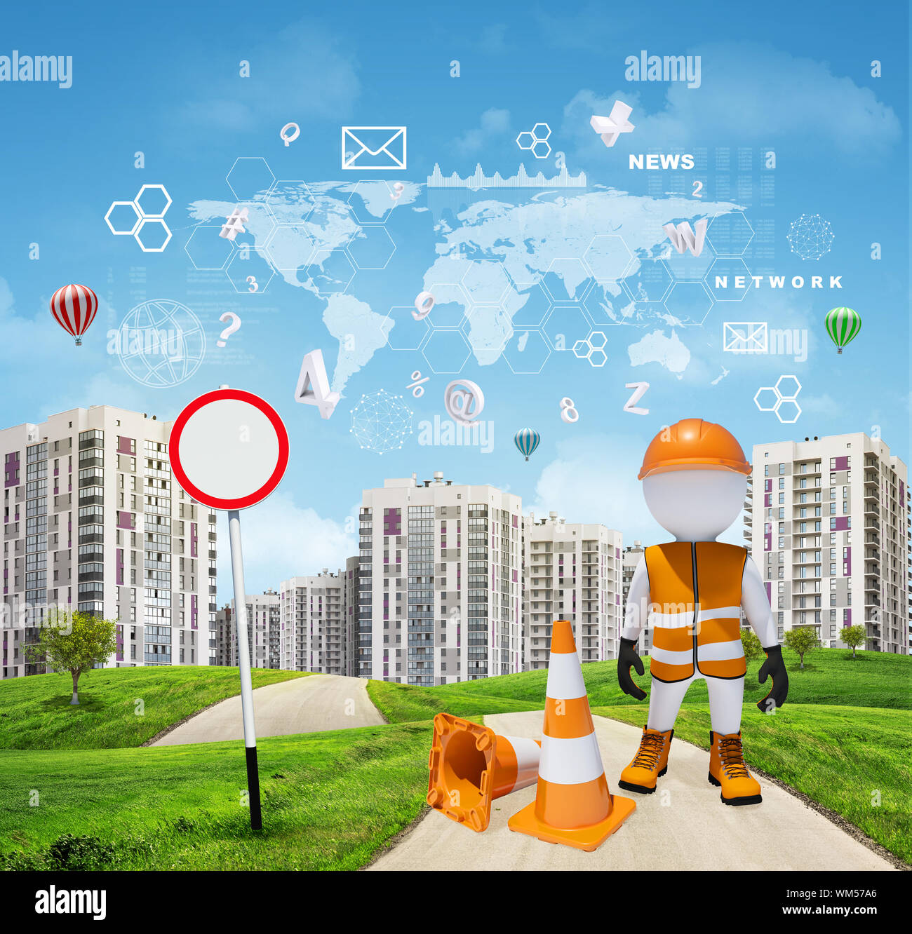 Three-dimensional man dressed as road worker by traffic cones and ...