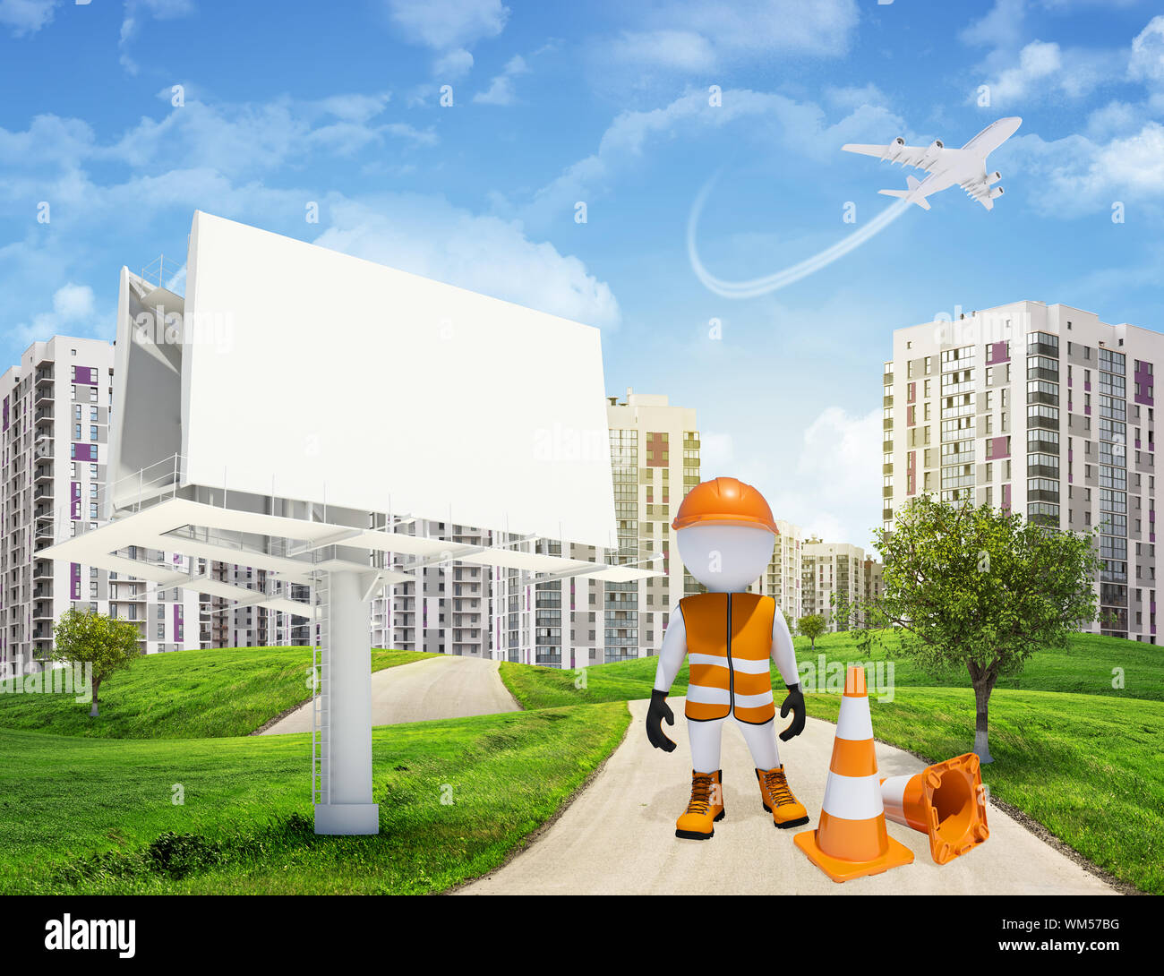 Three-dimensional man dressed as a road worker standing by blank ...