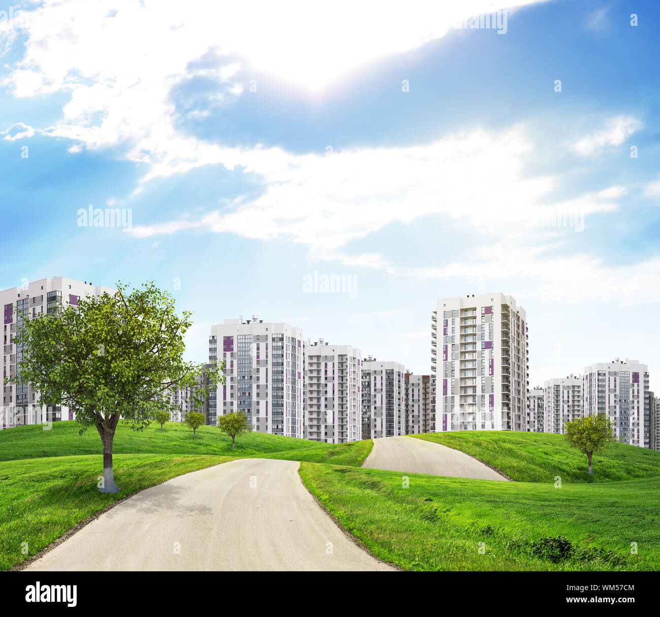 Road through green hills with a few trees, leading to city. Green tree ...