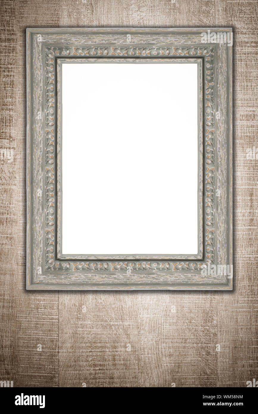 Old picture frame on vintage wood wall Stock Photo - Alamy