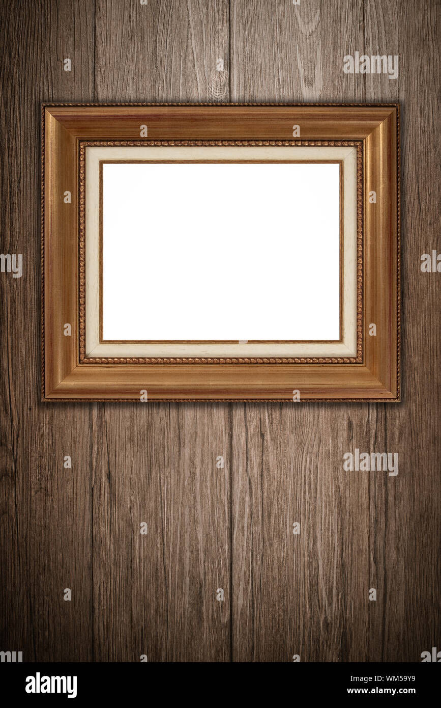 Old picture frame on vintage wood wall Stock Photo - Alamy