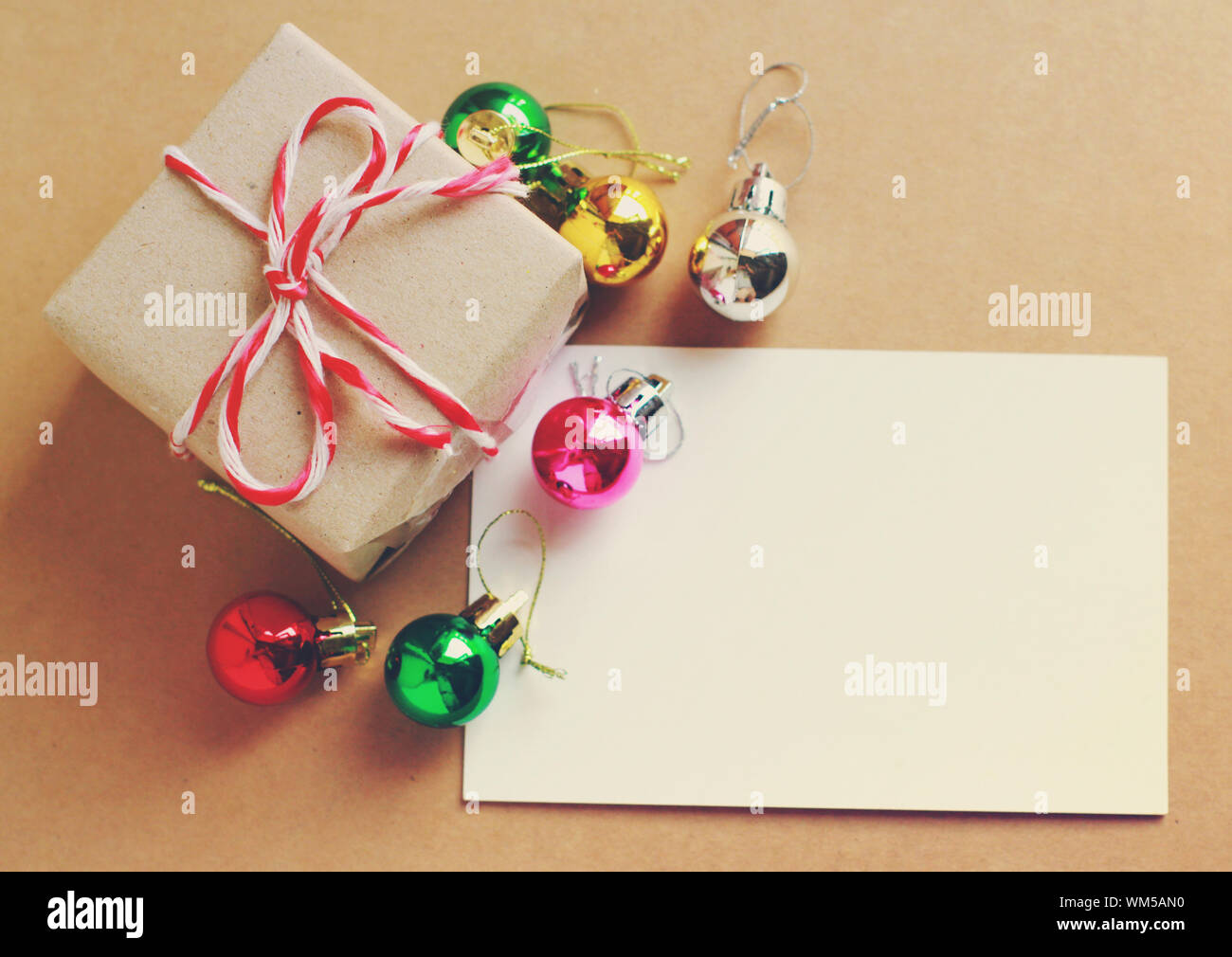 Christmas holiday background with blank greeting card and Christmas ...