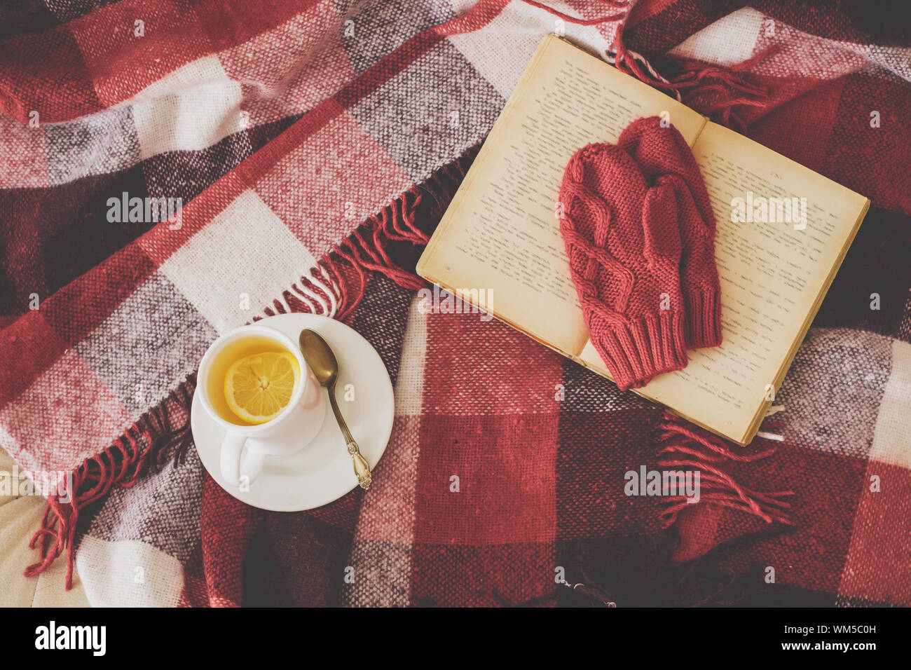 Cup of hot tea and reading on a blanket, instagram style toned. Top ...