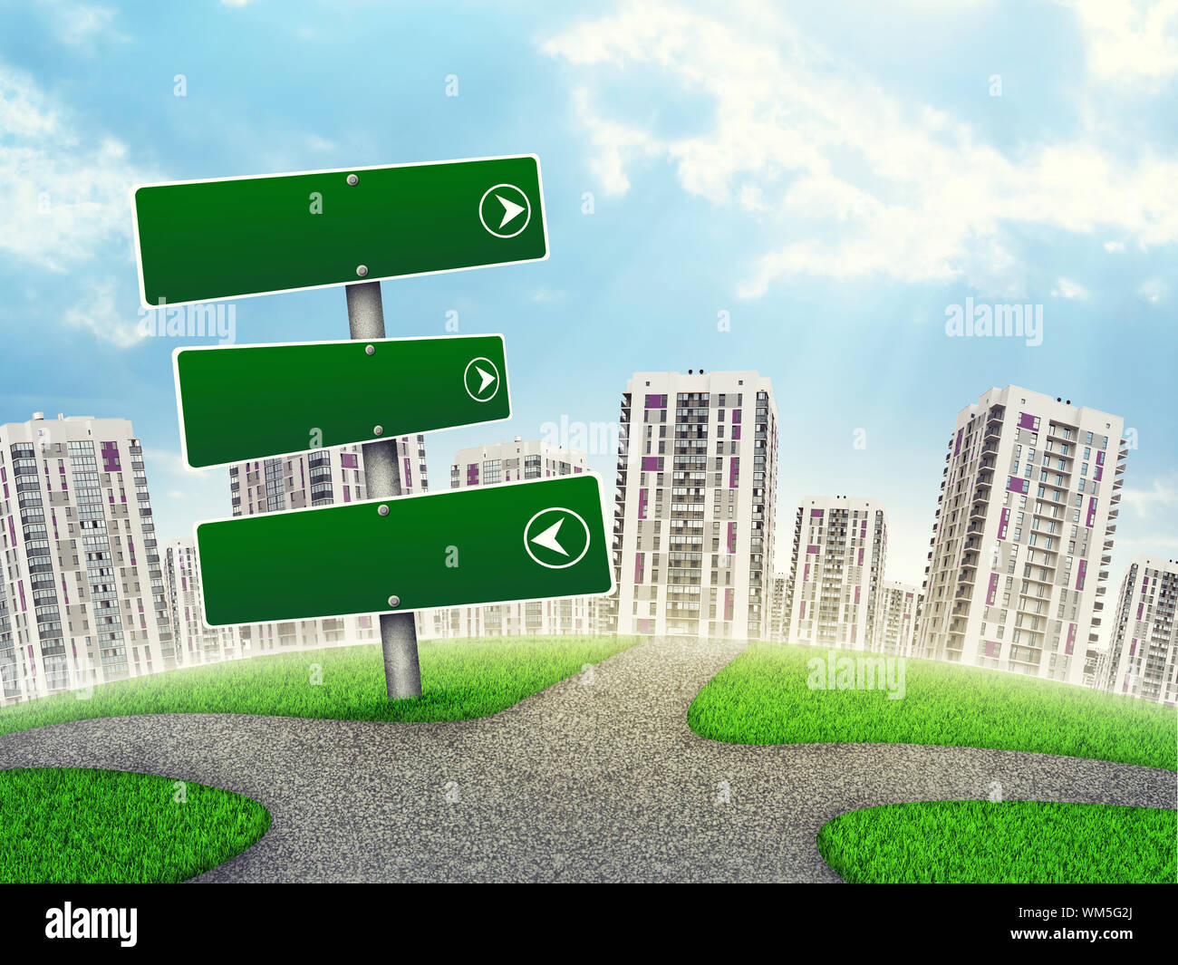 Blank route pointer out of upright, by footpath crossroad, three green ...