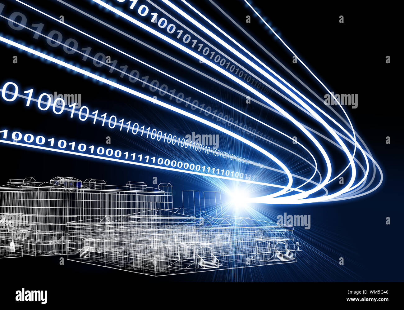 Wire-frame building, light beams with inscribed binary code on dark ...