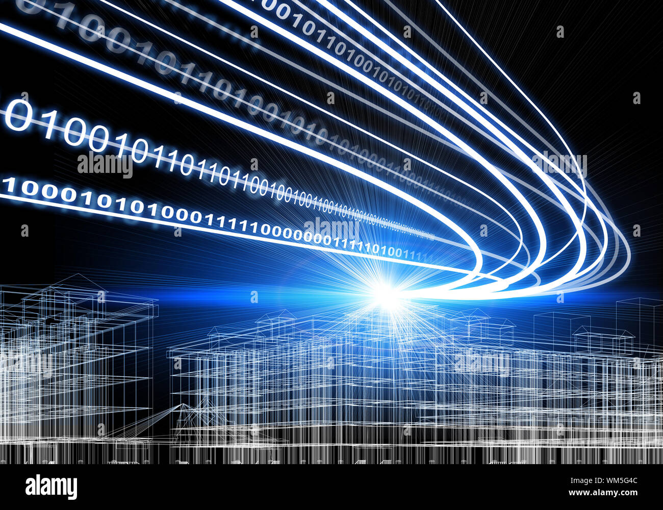Wire-frame building, light beams with inscribed binary code on dark ...